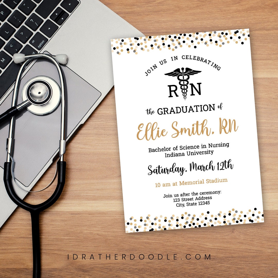 Editable RN Gold Confetti Nursing Graduation Invitation Nurse ...