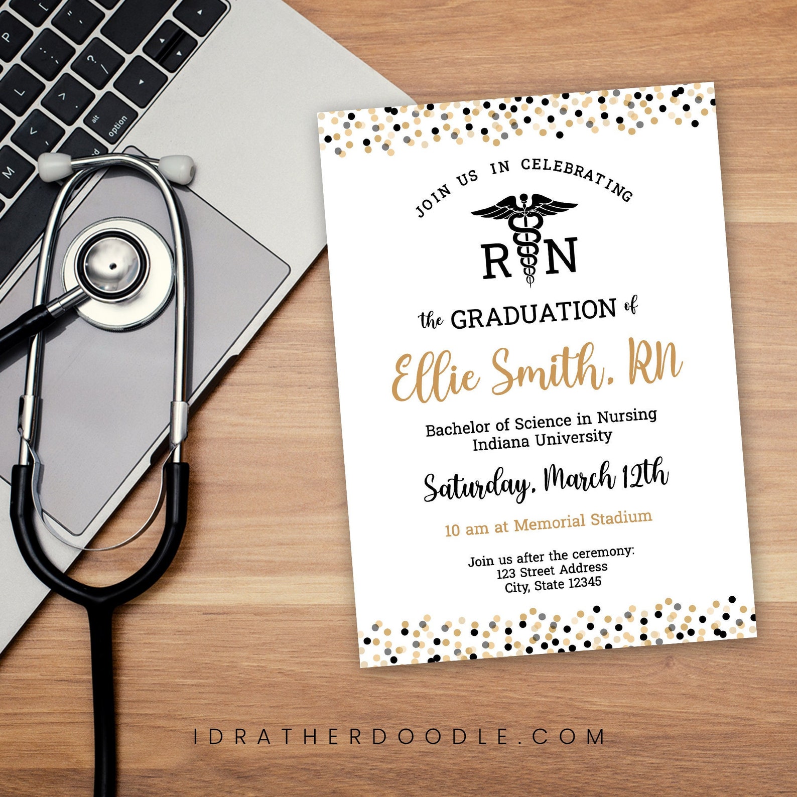 Editable RN Gold Confetti Nursing Graduation Invitation - Etsy