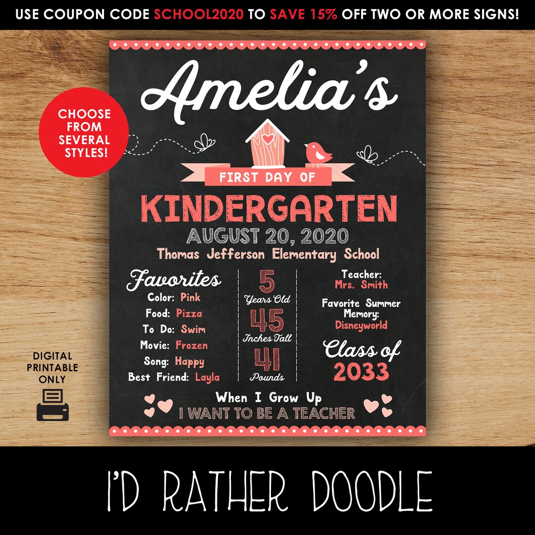 First Day of School Sign Girl - Bird House - Coral/pink - Chalkboard ...