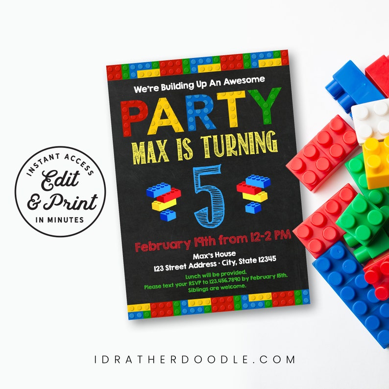 Editable Bricks Birthday Party Invitation Bricks Chalkboard | Etsy