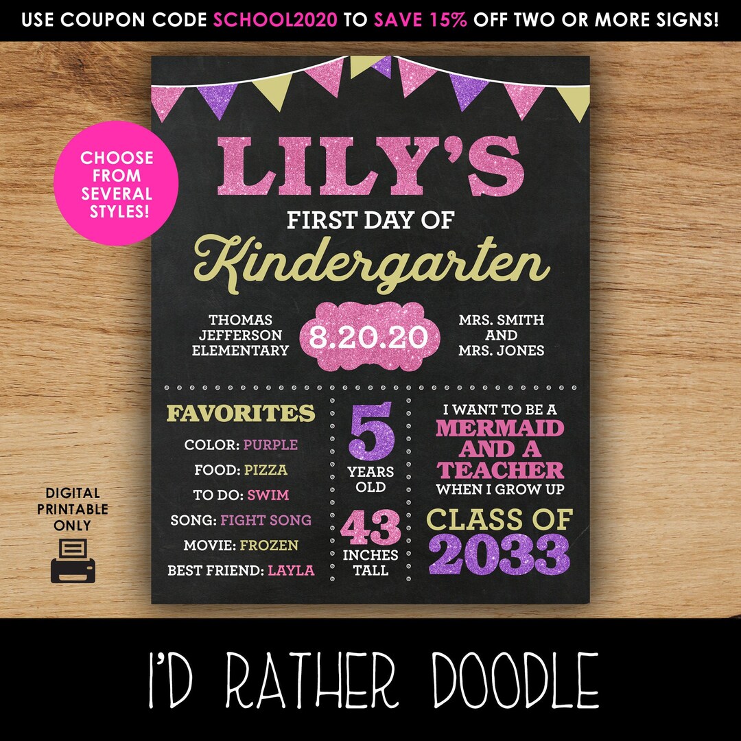 First Day of School Sign Girl - Pink and Purple Glitter - Chalkboard ...