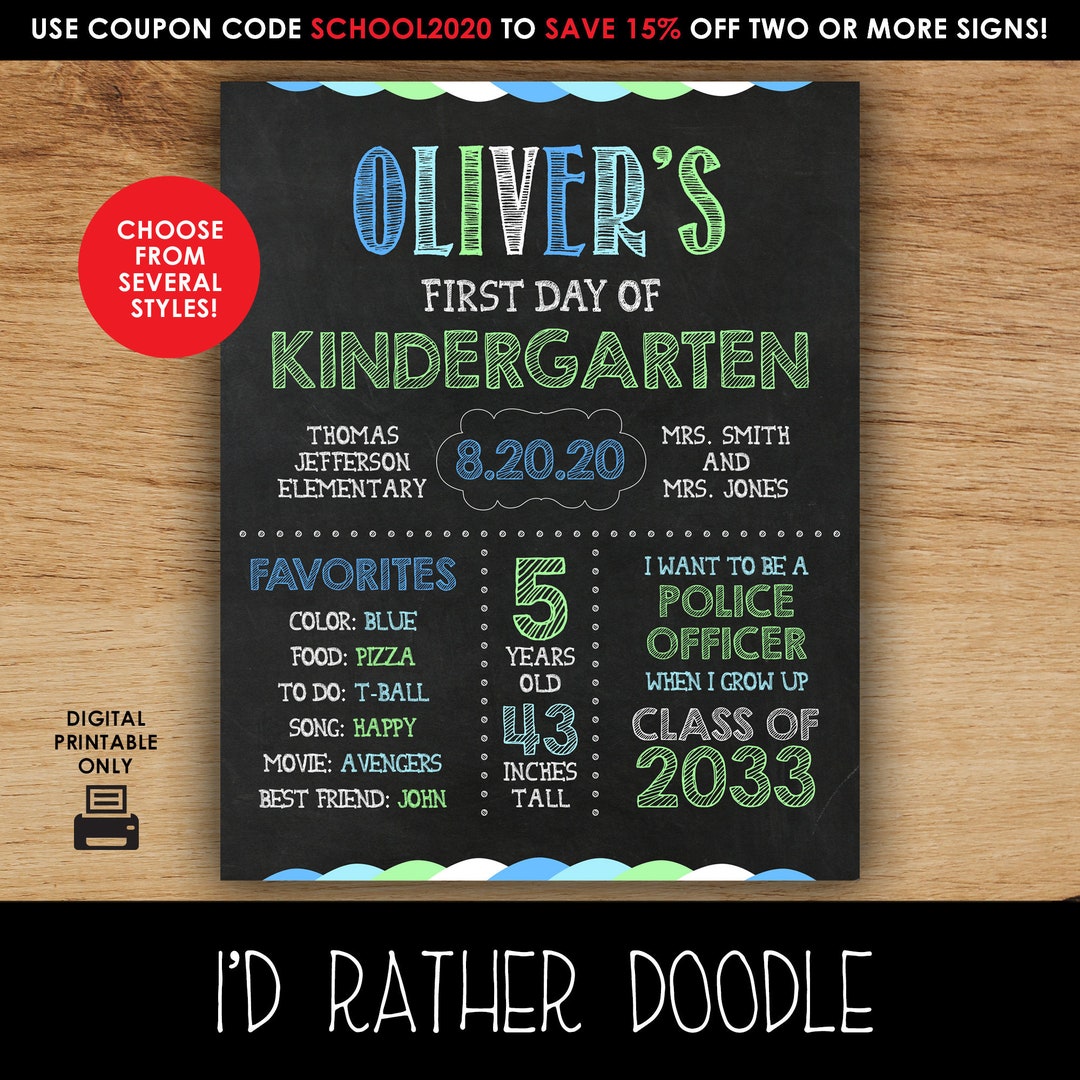 First Day of School Sign - Boy or Girl - Blue/green - Chalkboard Sign ...