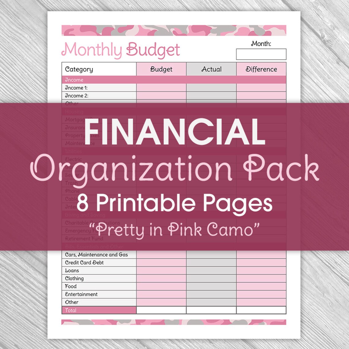 Printable Budget Planner Pink Camouflage Printable Bill - Etsy