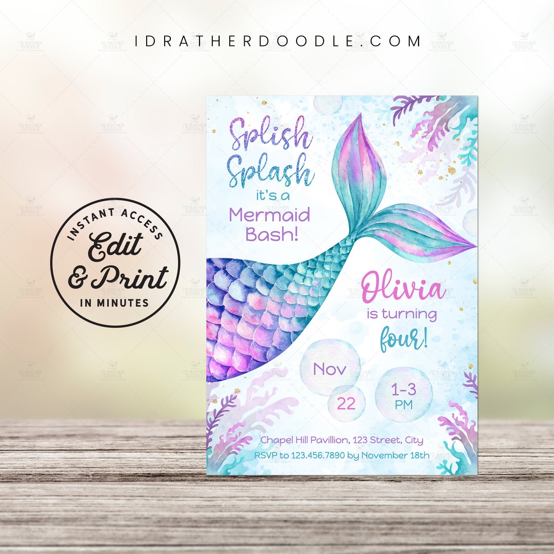 Editable Mermaid Birthday Invitation, Little Mermaid Invite, Mermaid ...