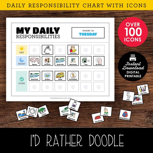 Daily Responsibilities Chore Chart With Icons Custom - Etsy