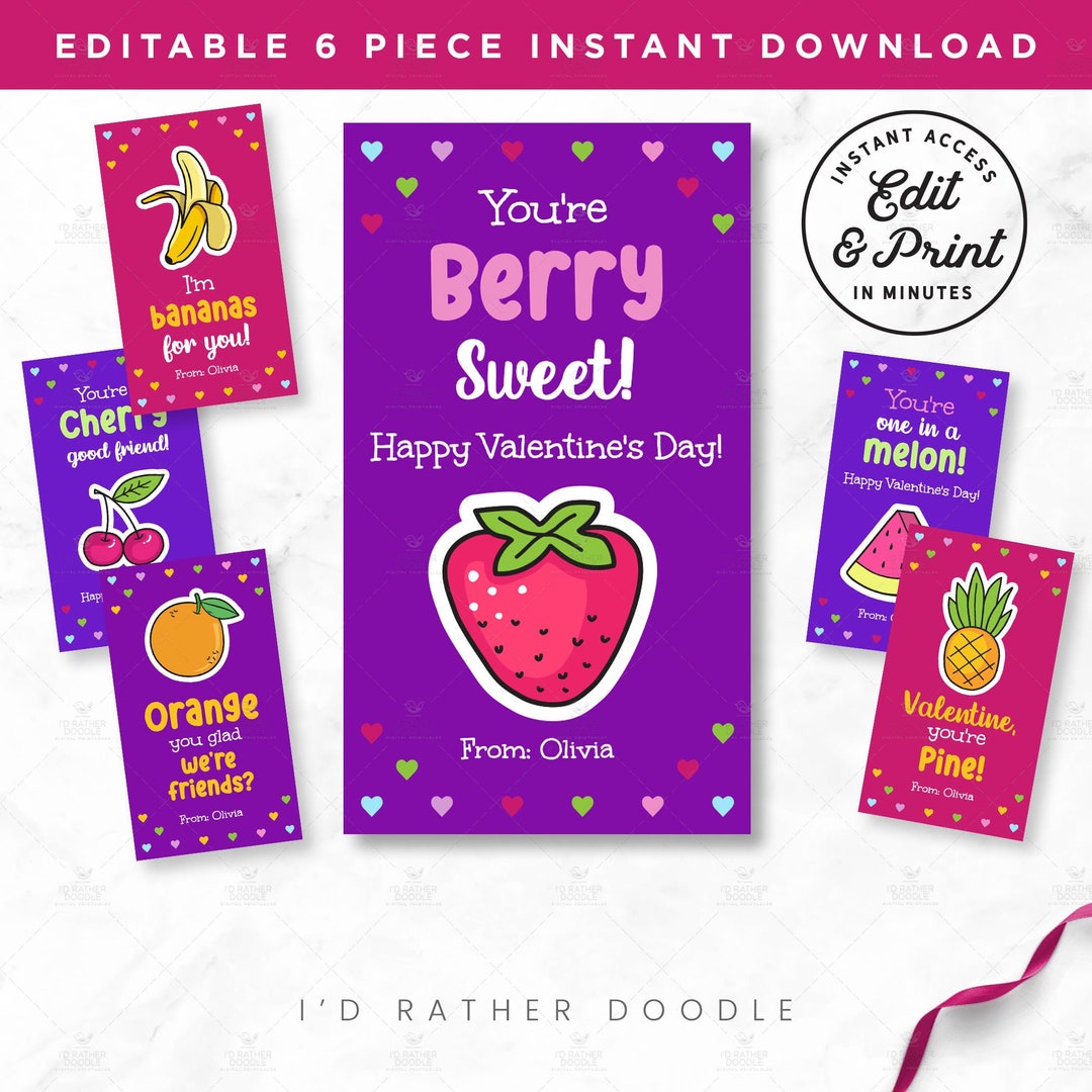 Editable Fruit Valentines 6 Piece Set - Berry Sweet Cherry Good Bananas ...