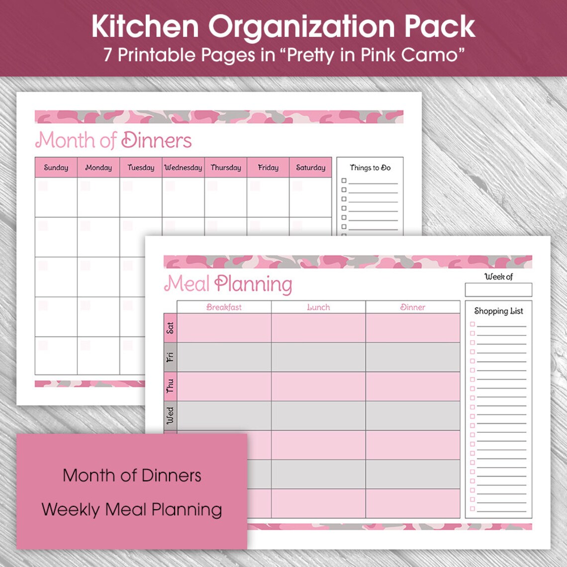 Printable Kitchen Planner - Pink Camouflage - Printable Grocery List ...