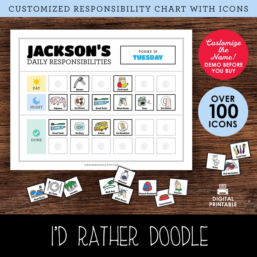 Daily Responsibilities Chore Chart With Icons - Custom Child's Name ...