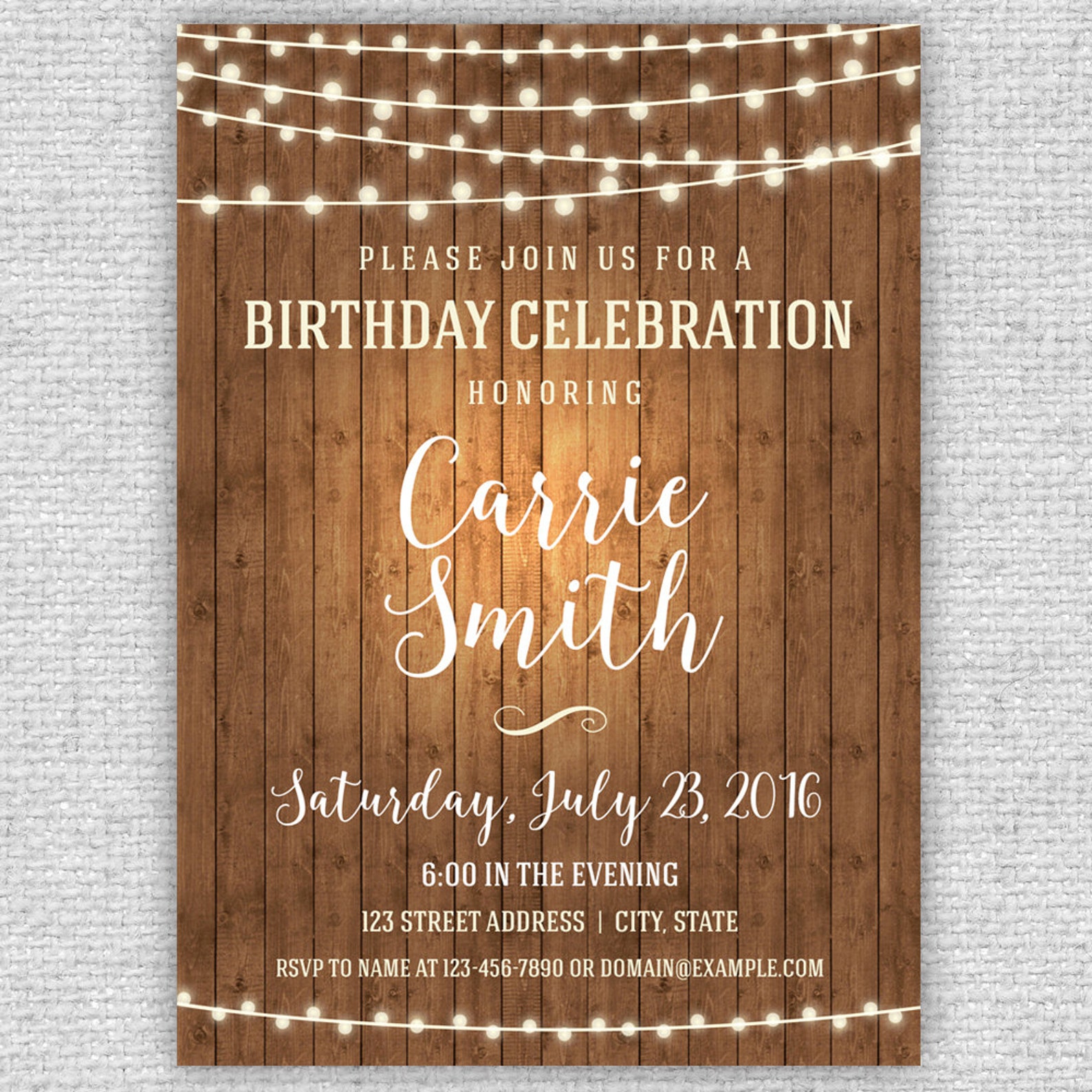 Rustic Birthday Invitation - Wood and Lights Invite - Rustic Wood ...