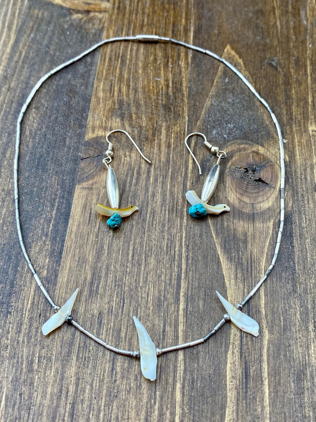 Southwestern Hand Carved Shell Birds and Heishi Sterling Silver ...