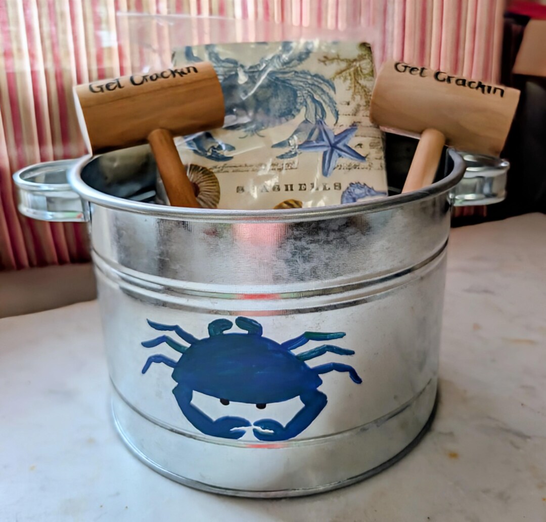 Round Metal Blue Crab Bucket, Napkins, Crab Mallets, Crab Gift Set - Etsy