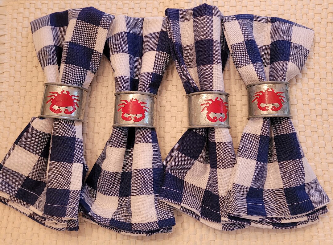 Blue Check Napkins With Red Crab Napkin Rings, Set of 4 - Etsy
