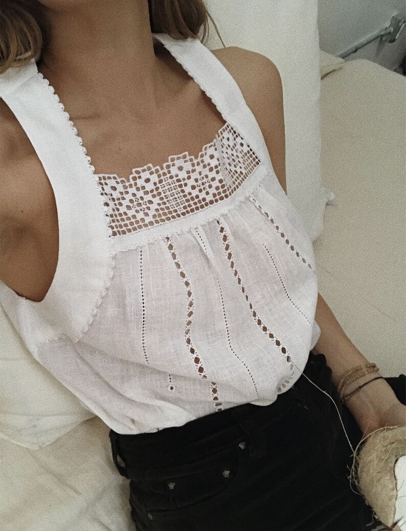 100% Linen Top EMBROIDERED Tee TANK Lace Top Victorian Style - Etsy UK