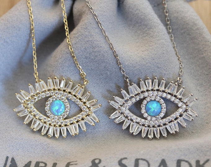 Sterling Silver Eye Necklace With Opal and Cubic Zirconia - Etsy
