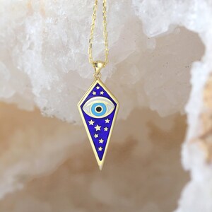 Yellow Gold Enamel Evil Eye Geometric Evil Eye Pendant Kite Shaped Evil Eye Pendant Dark Blue ...