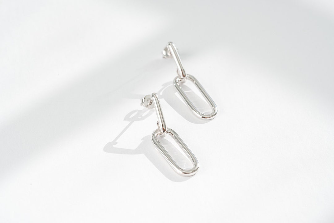 Sterling Silver Link Earrings - Gold Paperclip Link Earrings - Everyday Dangle Earrings - Oval ...