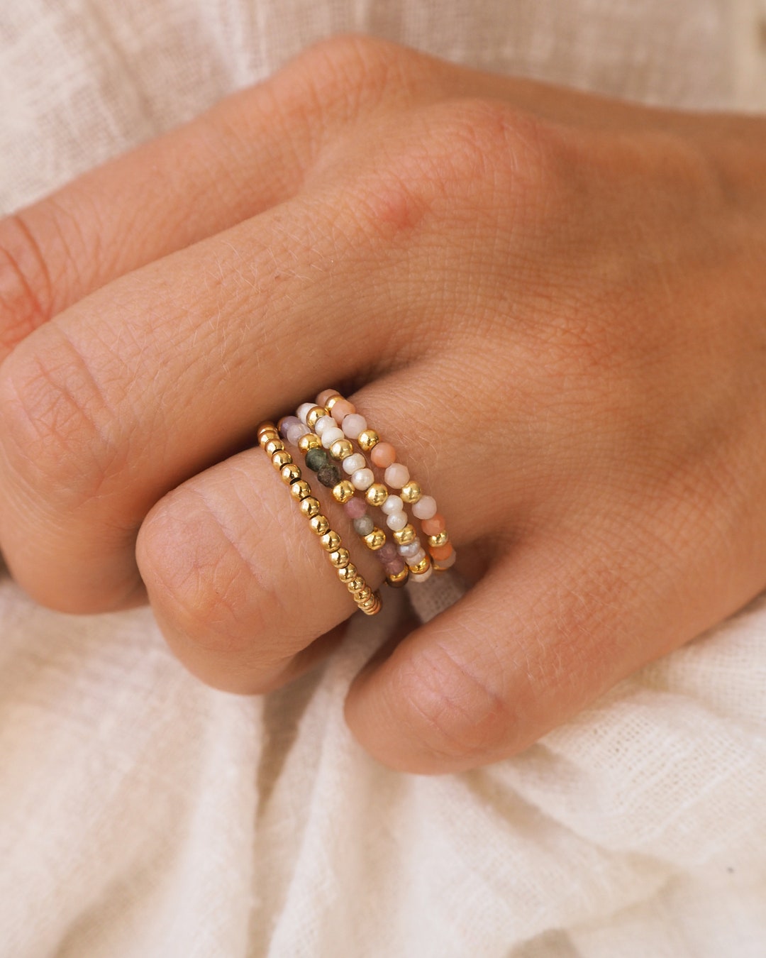 Gold Stretchy Bead Rings, Pearl Ring Band, Dainty Bead Ring, Gold Bead ...