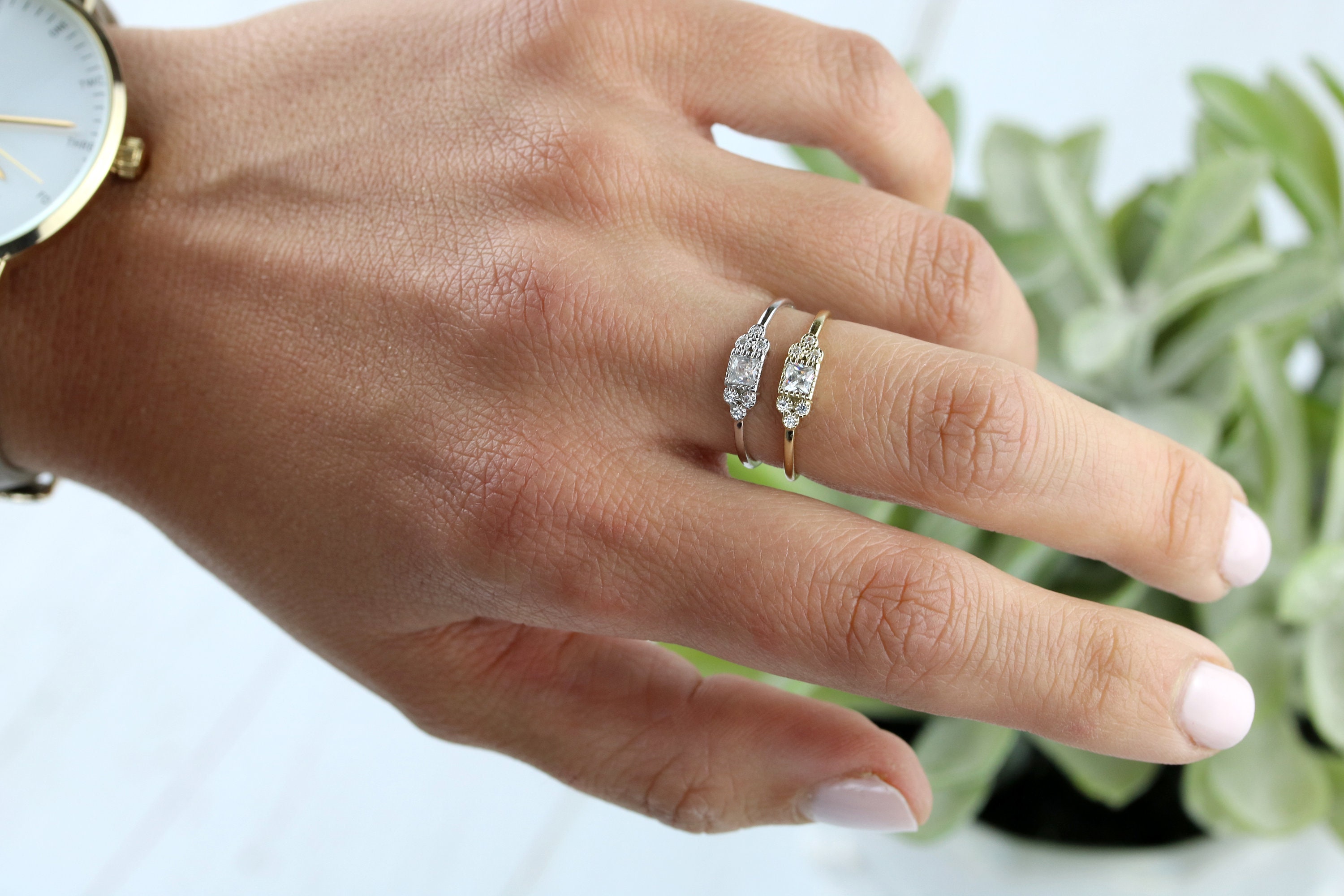 Sterling Silver dainty milgrain ring Princess Cut Cubic | Etsy