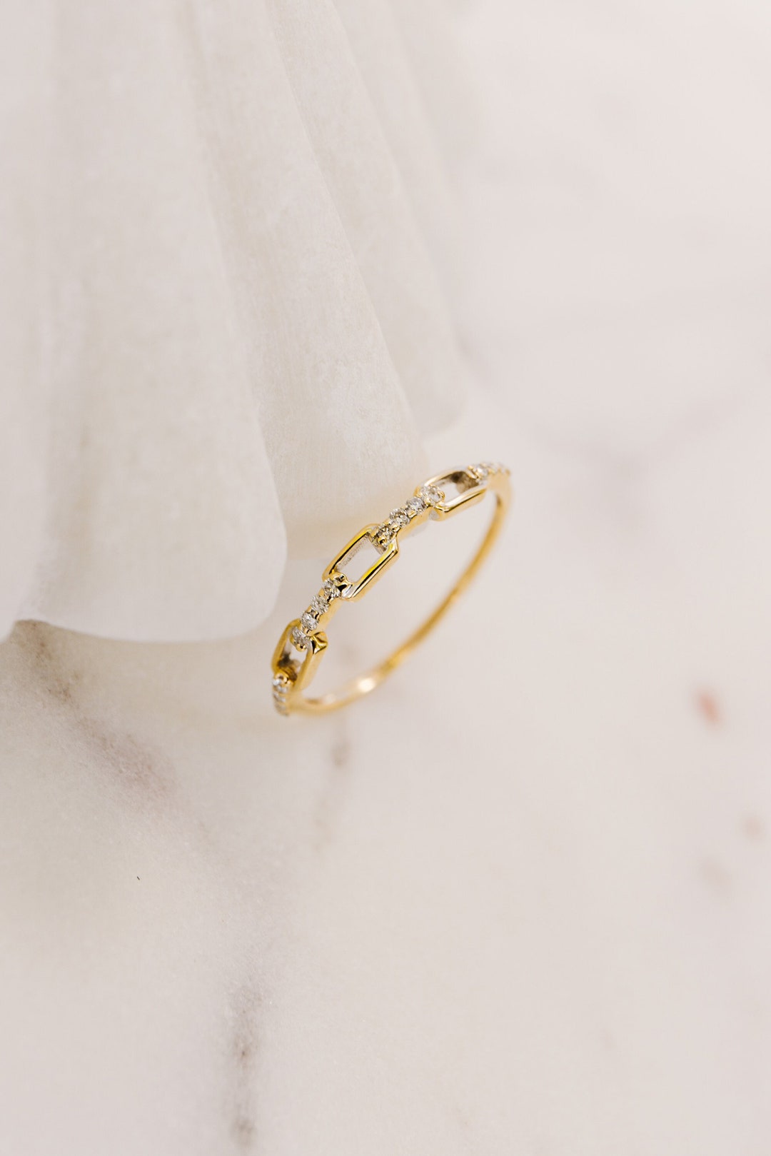 14kt Solid Gold and Diamond Chain Link Ring - Dainty Diamond Link Ring ...