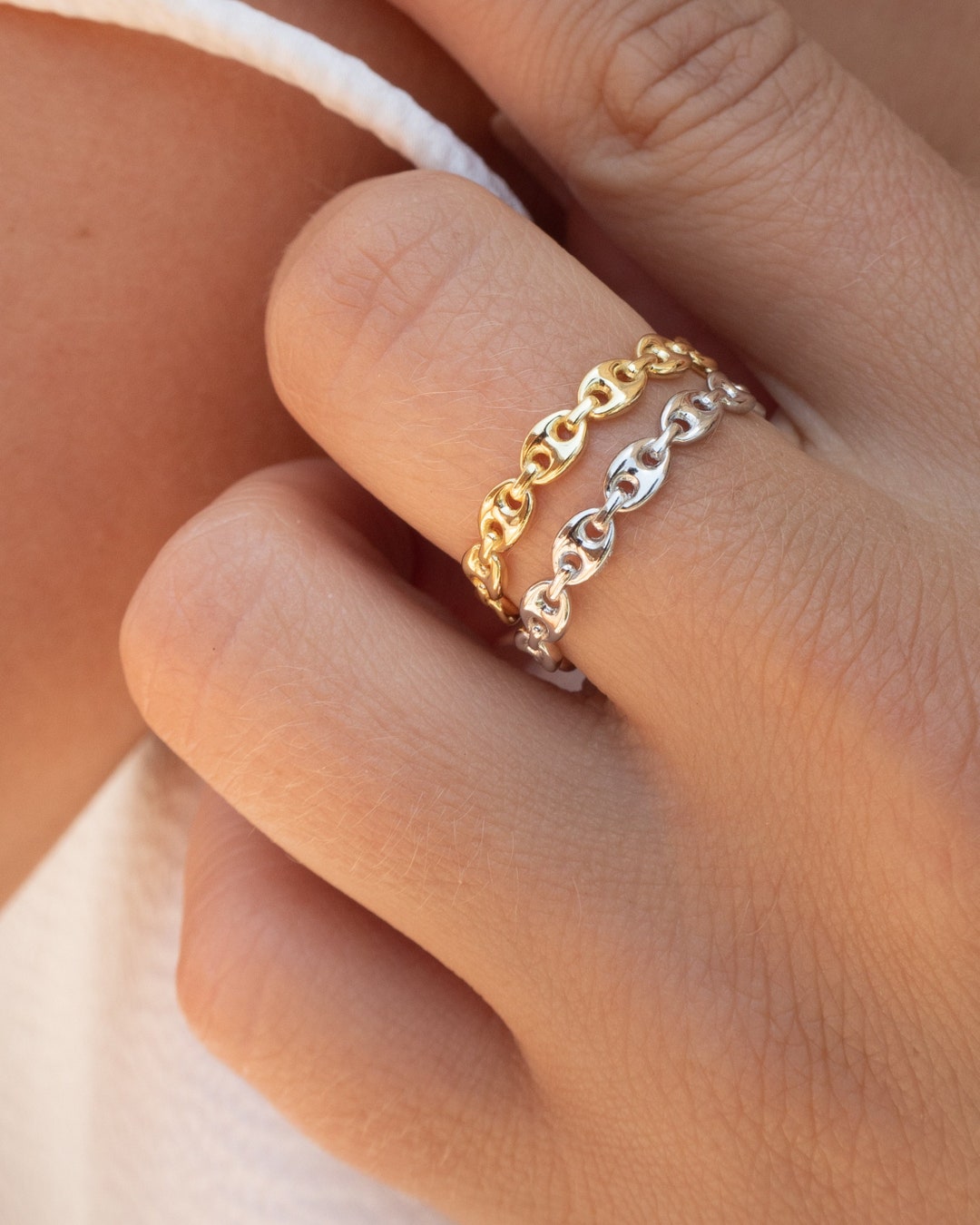 Sterling Silver / Gold Plated Mariner Chain Link Ring, Stackable Chain ...