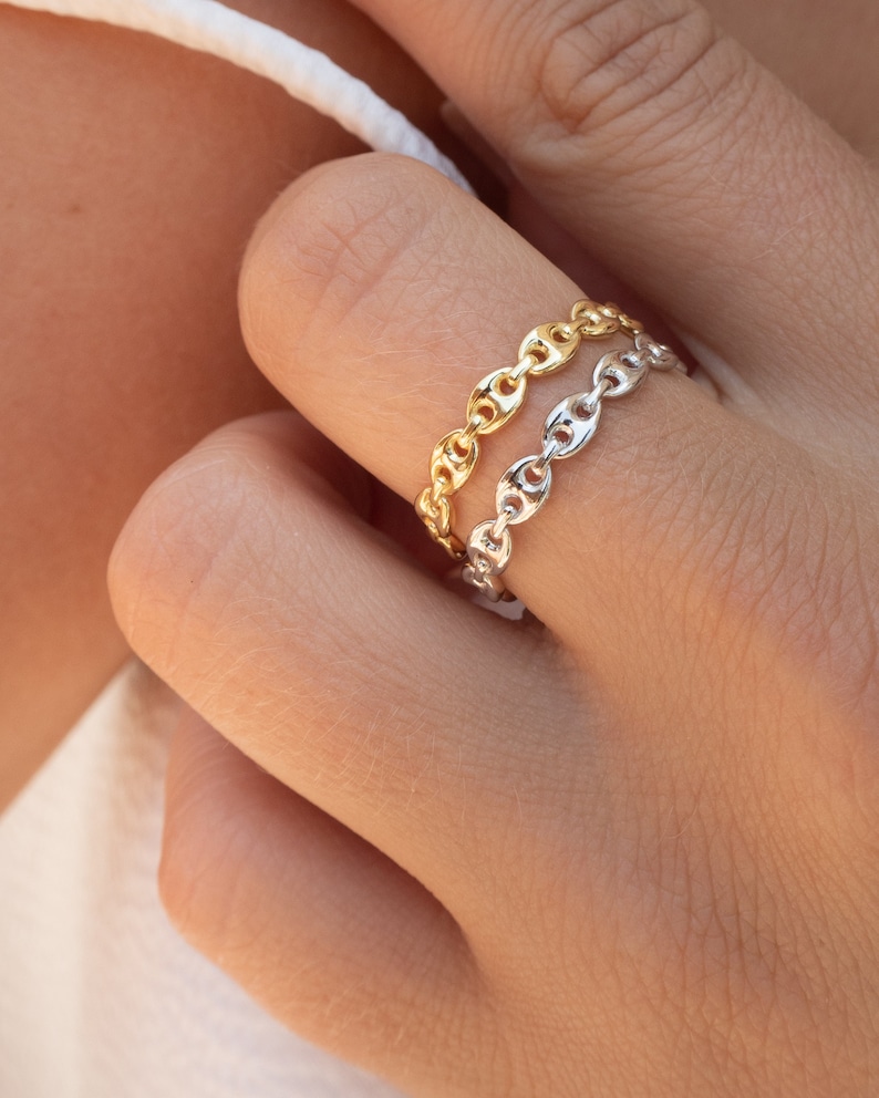 Sterling Silver / Gold Plated Mariner Chain Link Ring, Stackable Chain ...