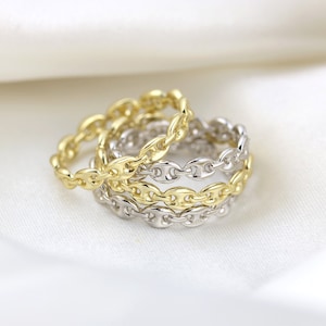 Sterling Silver / Gold Plated Mariner Chain Link Ring, Stackable Chain ...