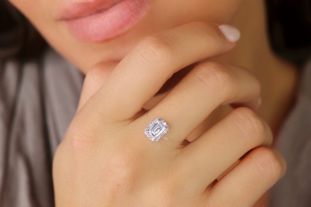 Sterling Silver Floating Ring | Emerald Cut Floating Ring | Unique ...