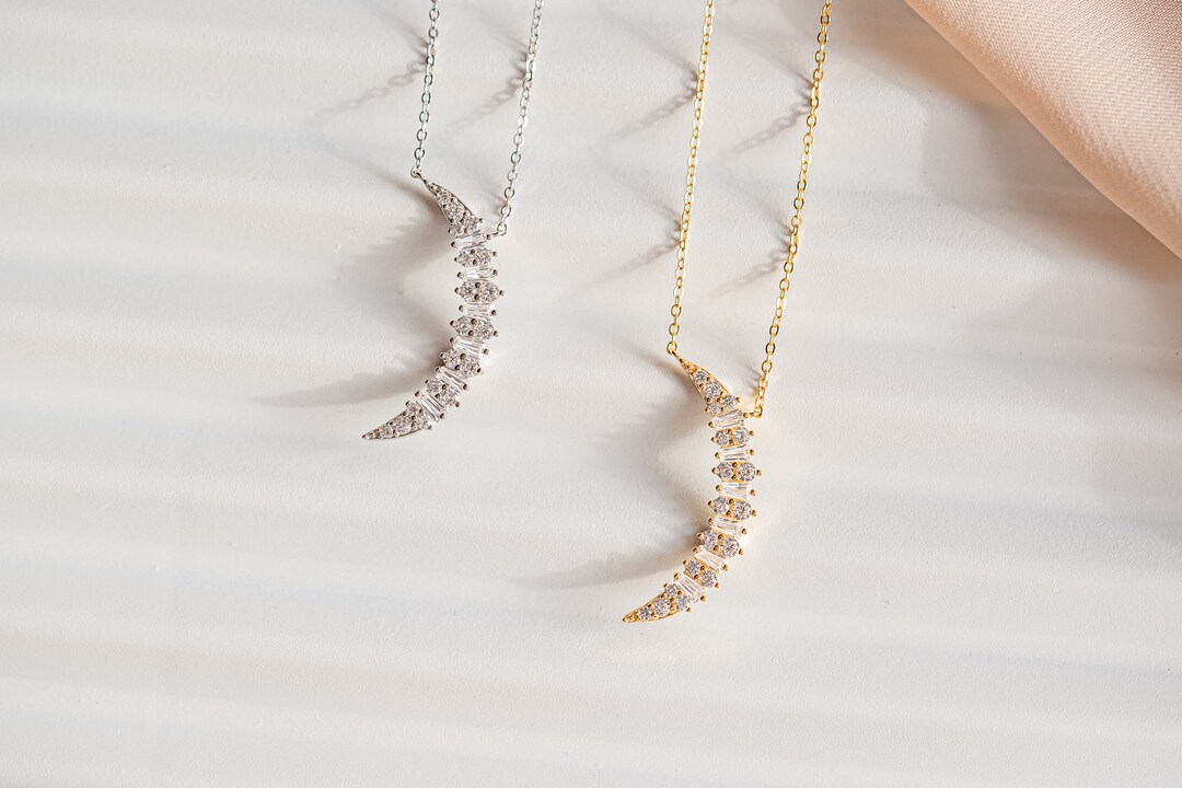 Sterling Silver / Gold Plated Moon Necklace, Diamond Moon Necklace ...
