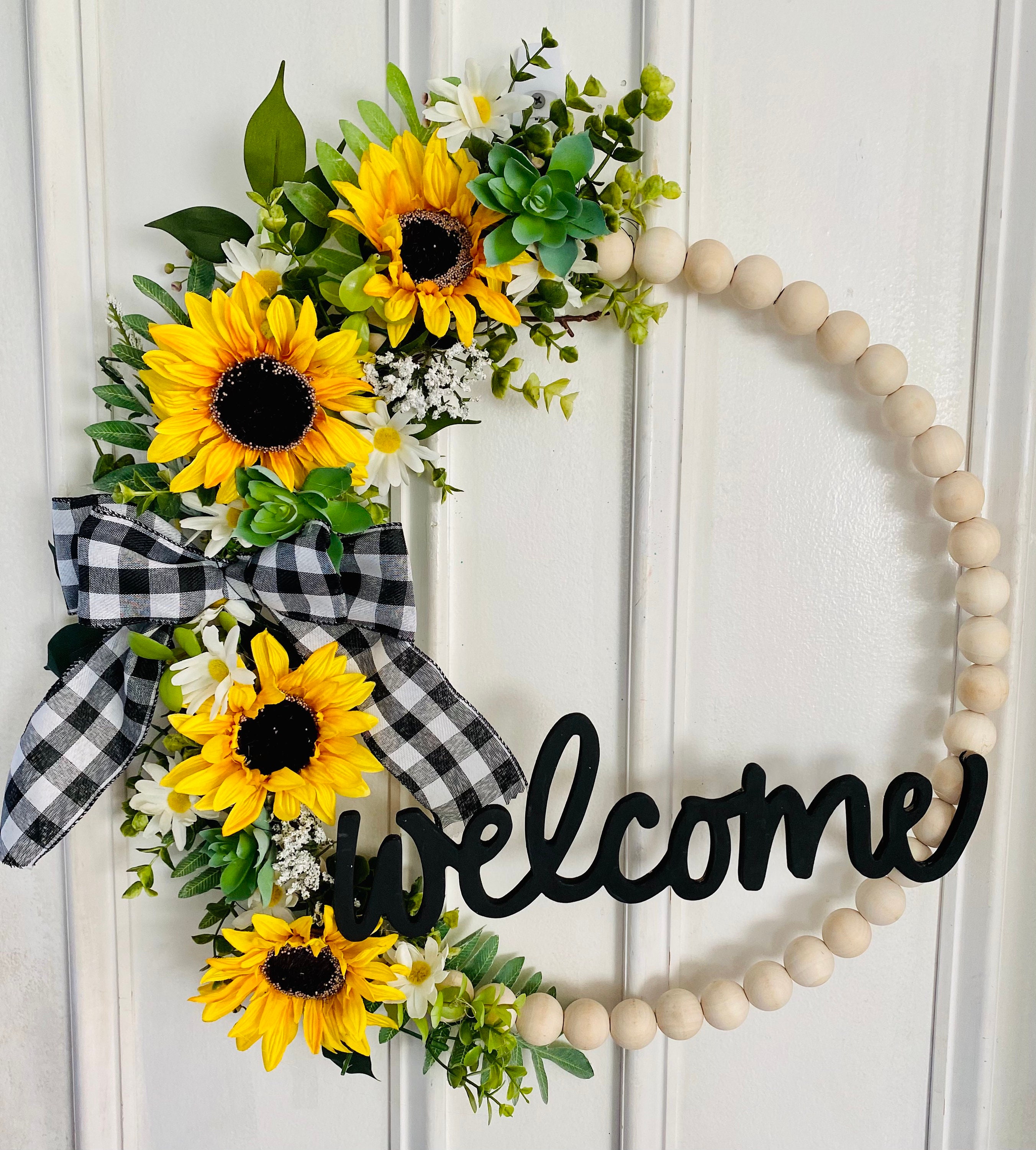 Wooden Beaded Sunflower Welcome Wreath - Etsy