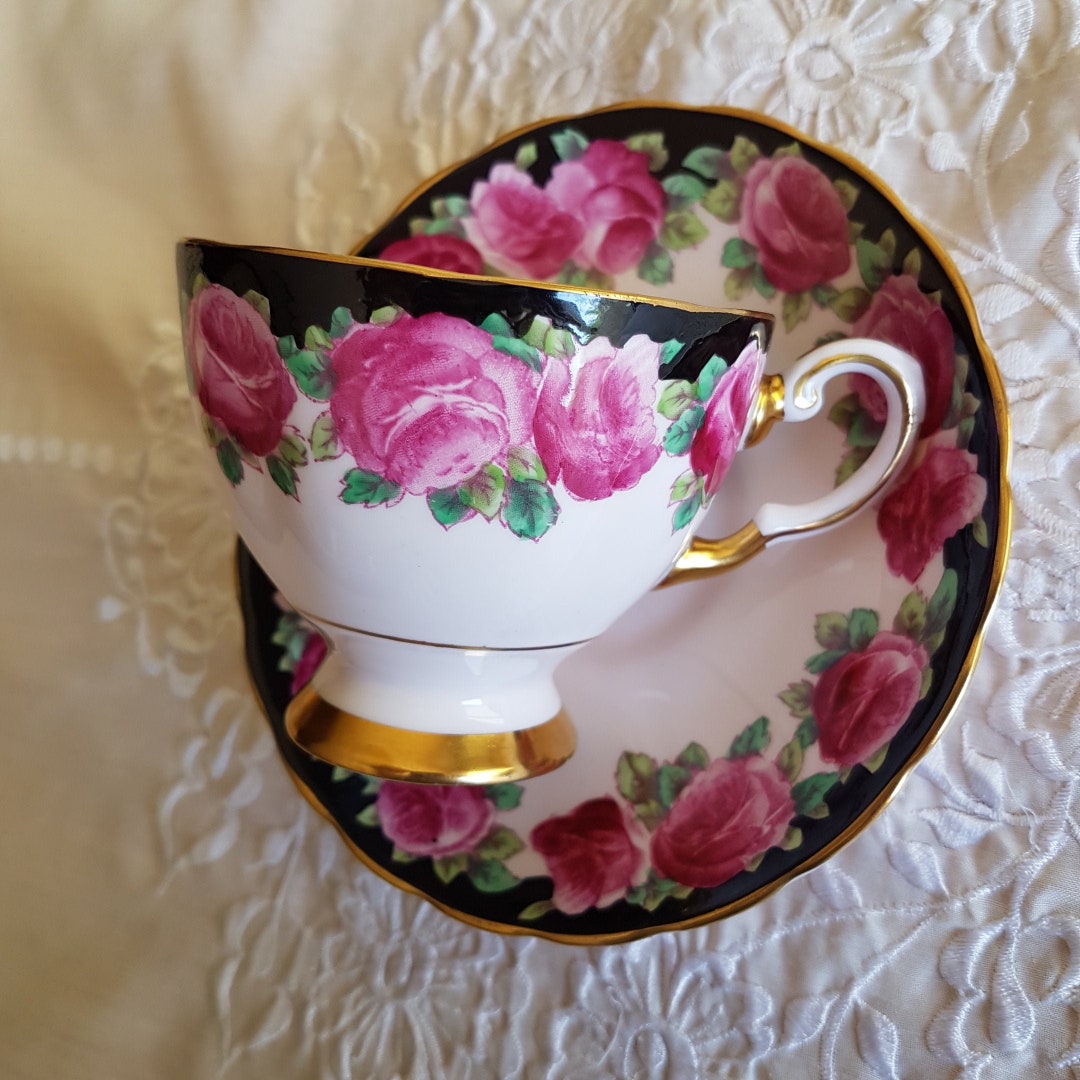 Vintage Tuscan Pink Teacup and Saucer With Dark Pink Roses, Gold Trim ...