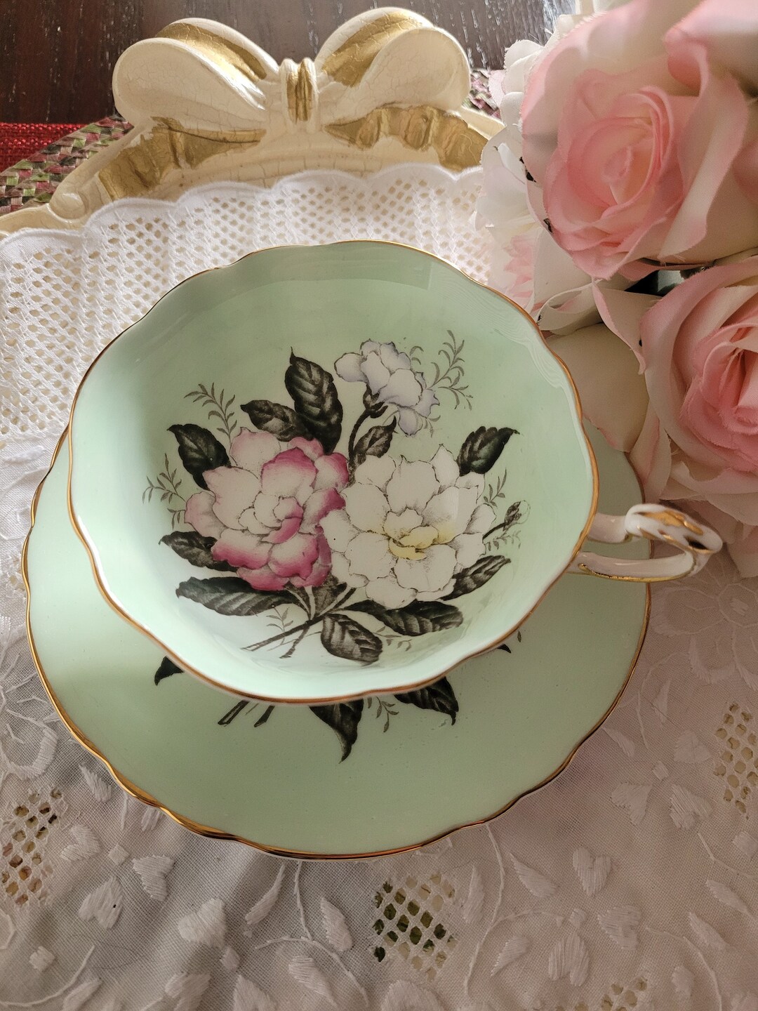 RARE Gorgeous Light Mint Green Paragon Teacup With White Magnolia ...