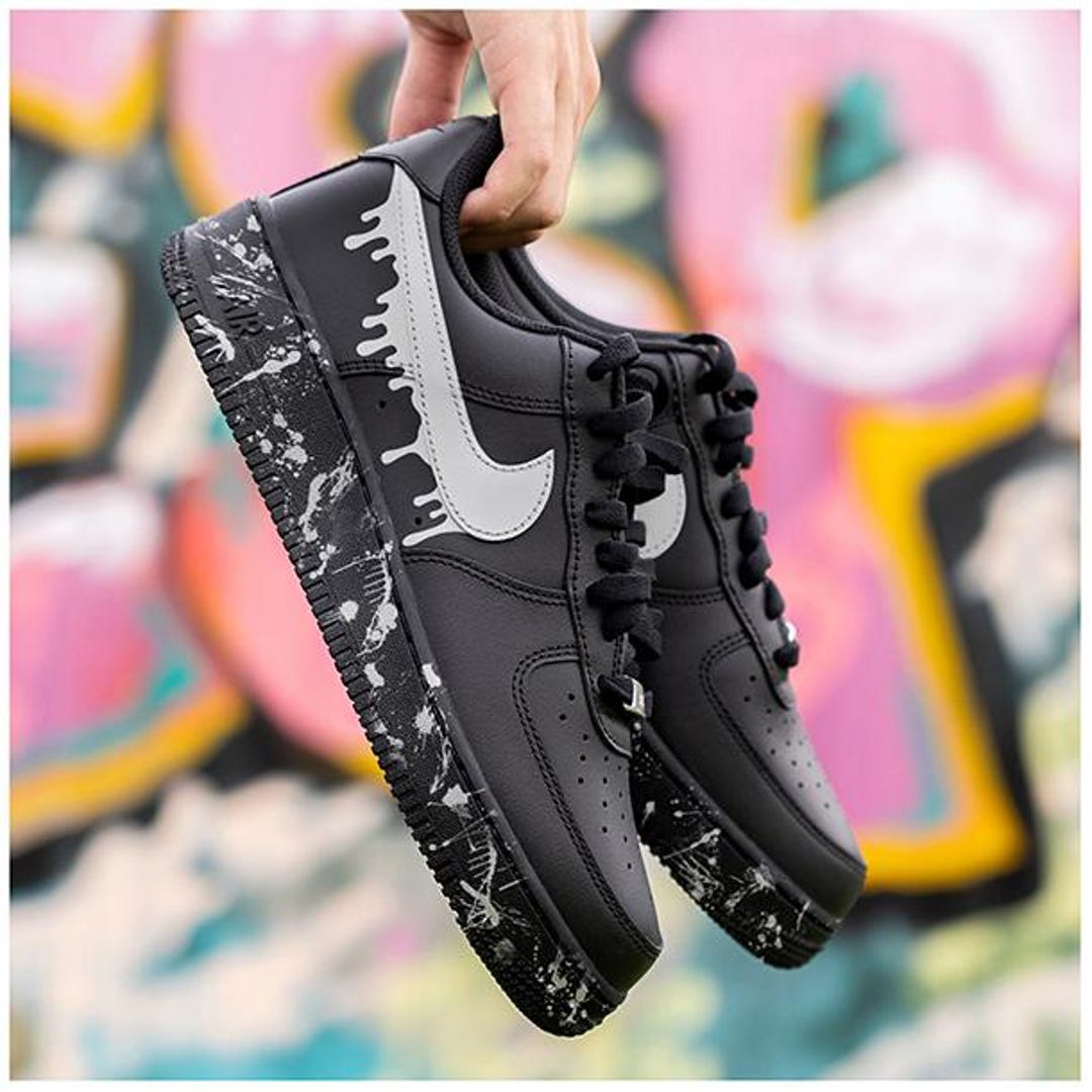 Custom White Drip Black Super Air Force 1, Handpainted White Splatter ...