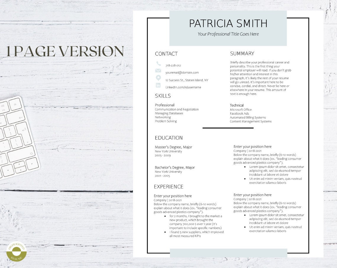 One Page Resume Template Instant Download, CV Template Professional ...
