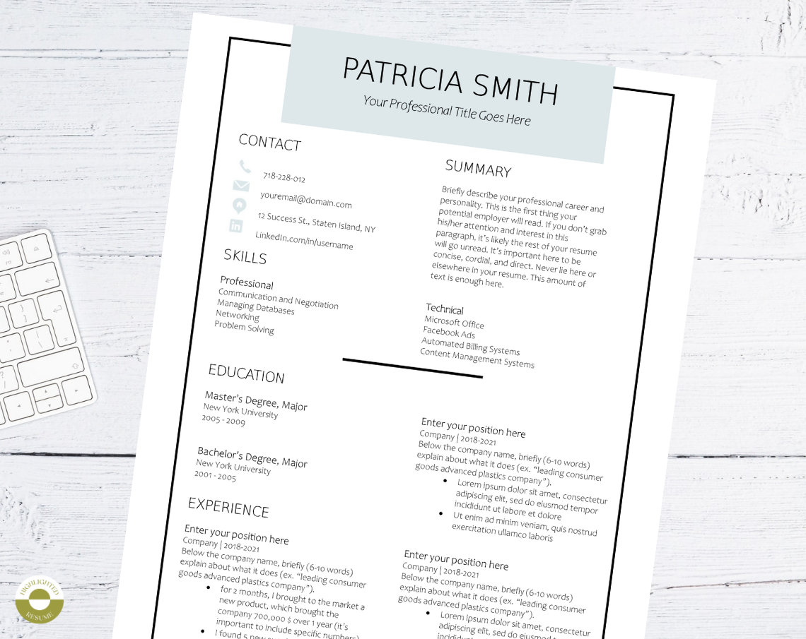 One Page Resume Template Instant Download, CV Template Professional ...