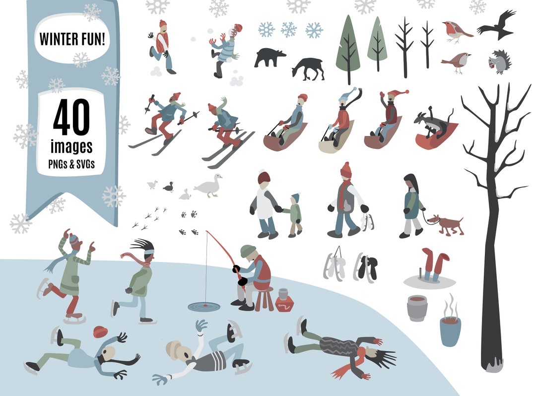 Winter Fun Clipart Bundle: Skiing, Skating, Snowball Fight (SVG + PNG ...