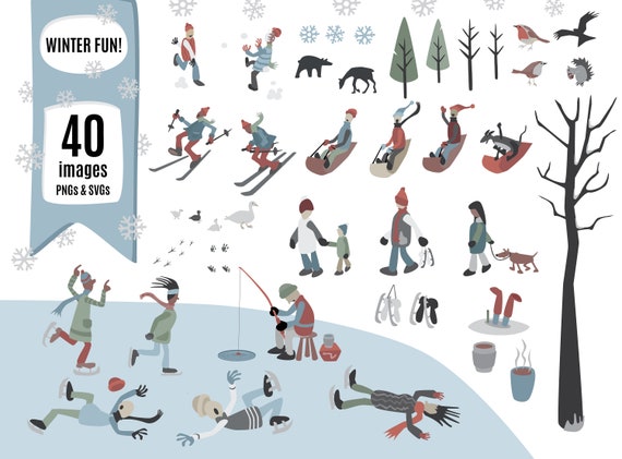 WINTER & SNOW FUN Colour Clipart Bundle Ski Toboggan Ice - Etsy