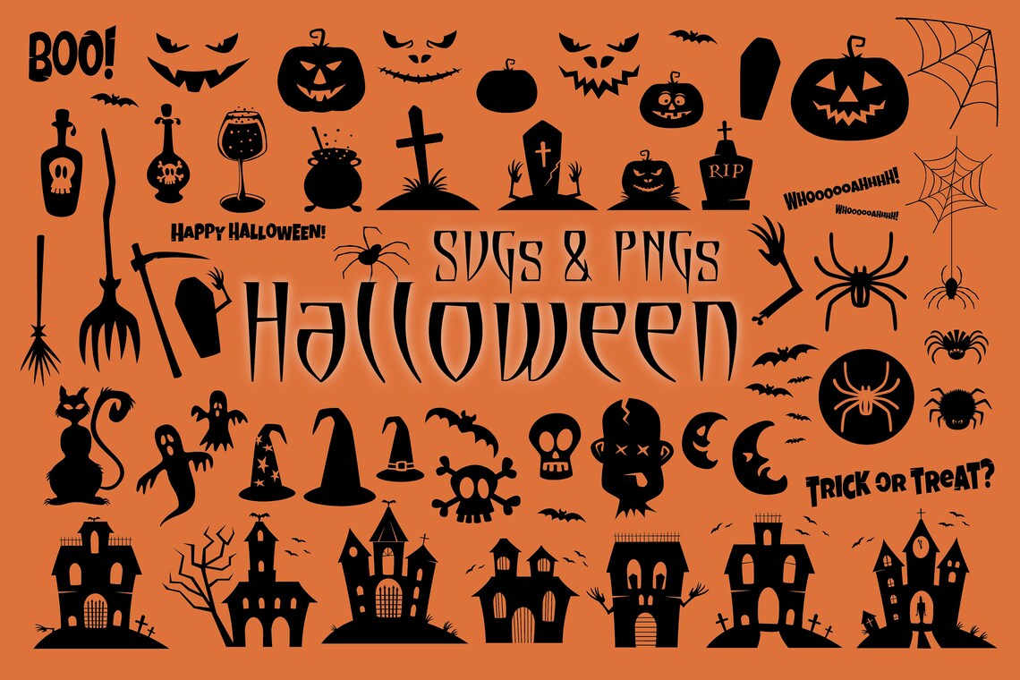 HALLOWEEN Art Bundle 55 X SVG Vector PNG Files Haunted House Cats Bats ...