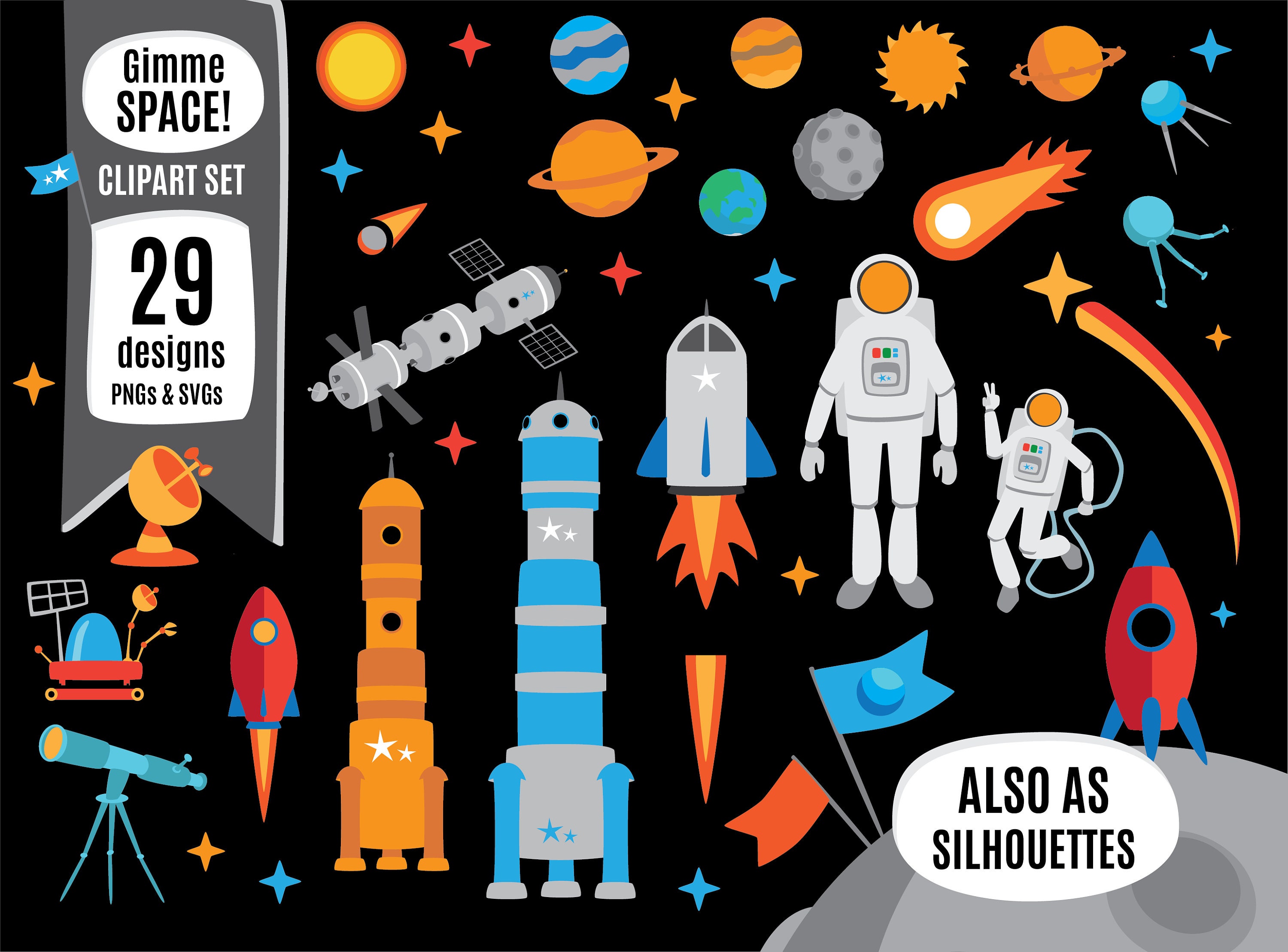 OUTER SPACE Clipart Bundle Colour & Silhouette Space Rockets Astronauts ...