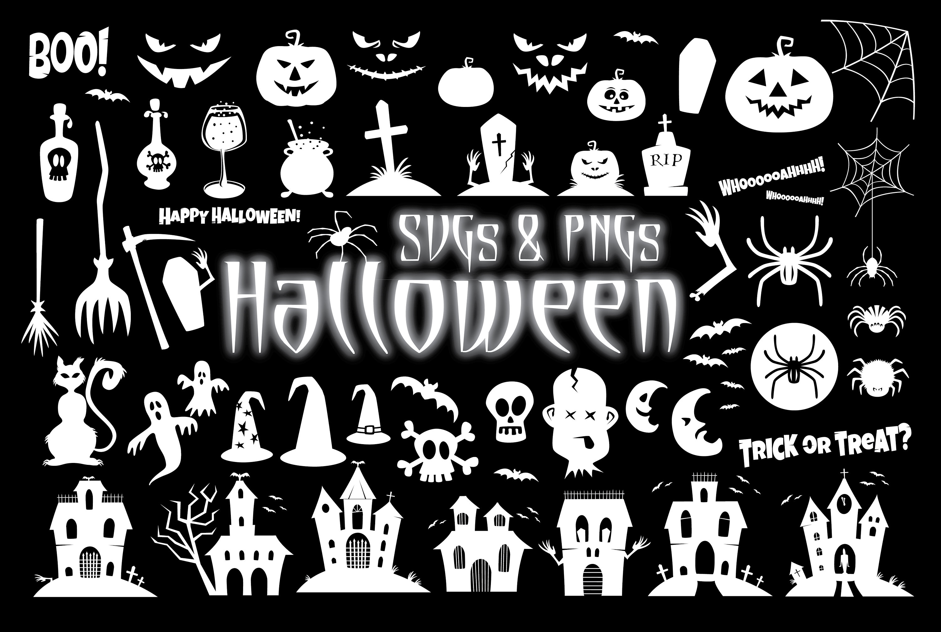 HALLOWEEN Art Bundle 55 X SVG Vector PNG Files Haunted House Cats Bats ...