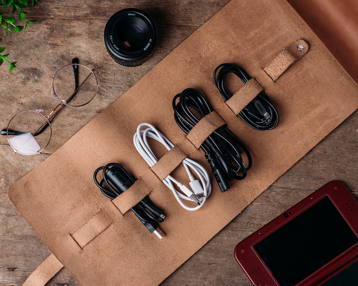 Leather Travel Cord Roll Charger Bag Cable Organize Case - Etsy
