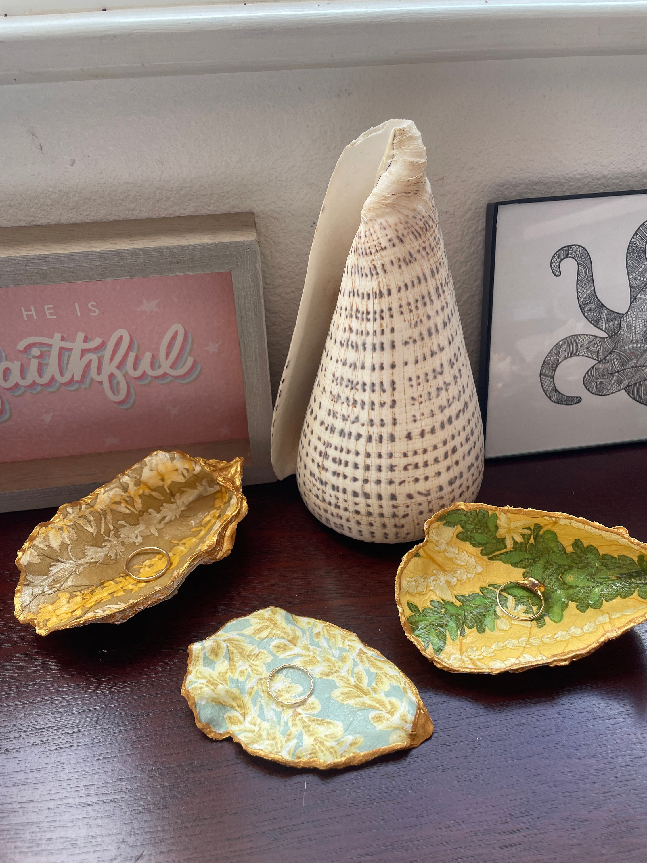 Seashell Printed Upcycled Oyster Shell Ring Dish, Decoupage Trinket ...
