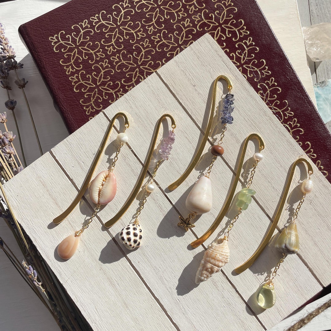 Seashell and Gemstone Beaded Gold Hook Bookmark, Ocean-inspired ...