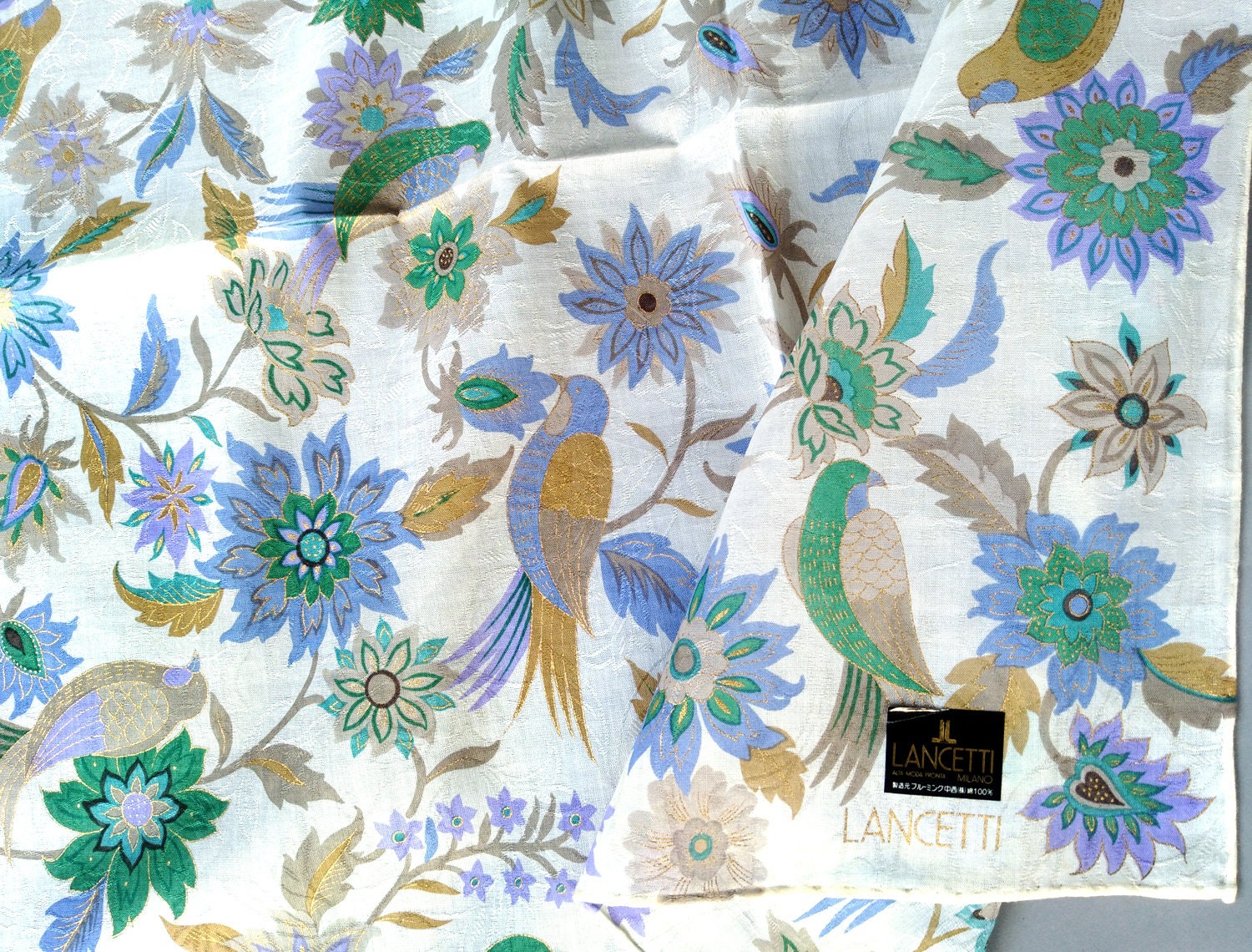 Vintage Lancetti Early 2000s Scarf Birds - Floral Print 21 X 21 Inches ...