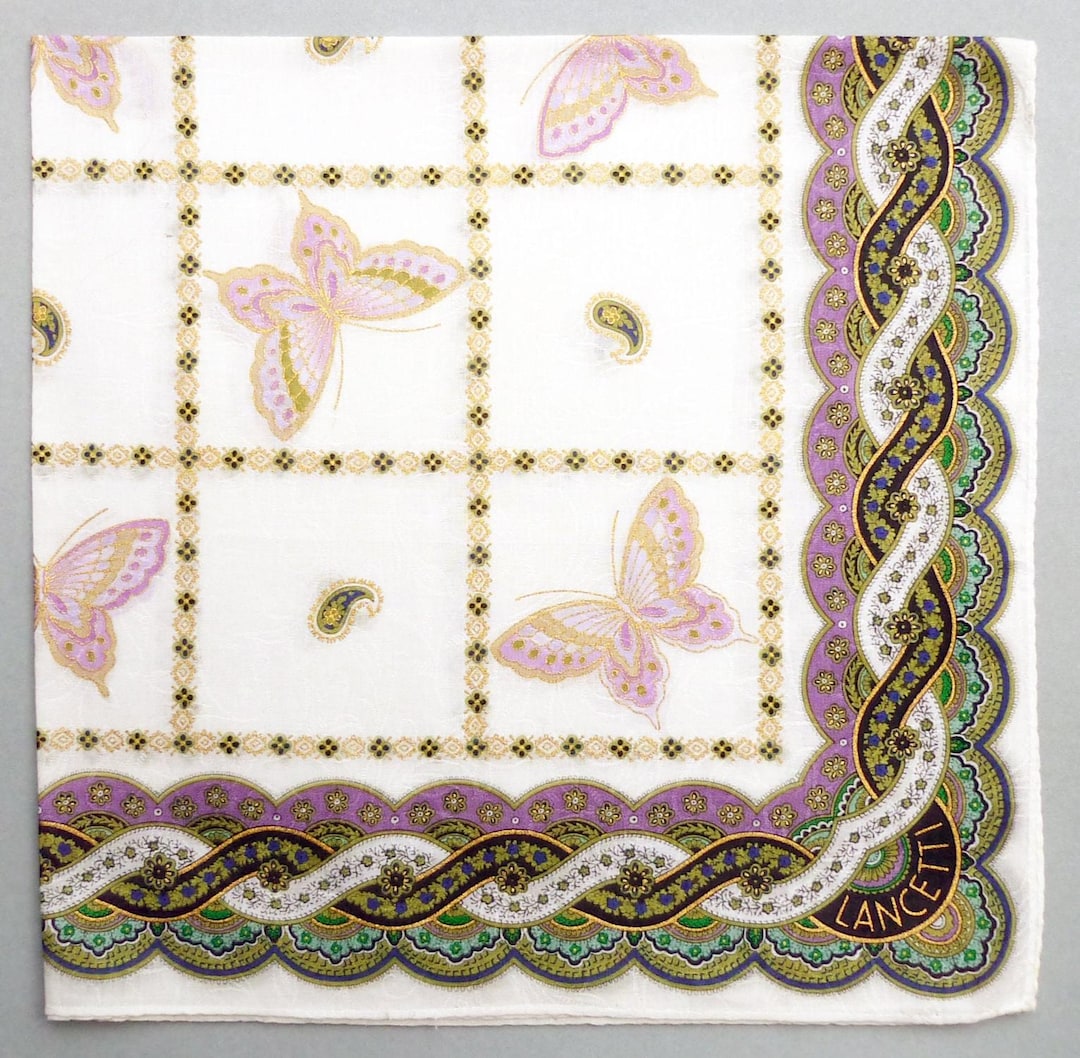 Vintage Lancetti Handkerchief: Butterflies Floral Print Cotton 21 X 21 ...