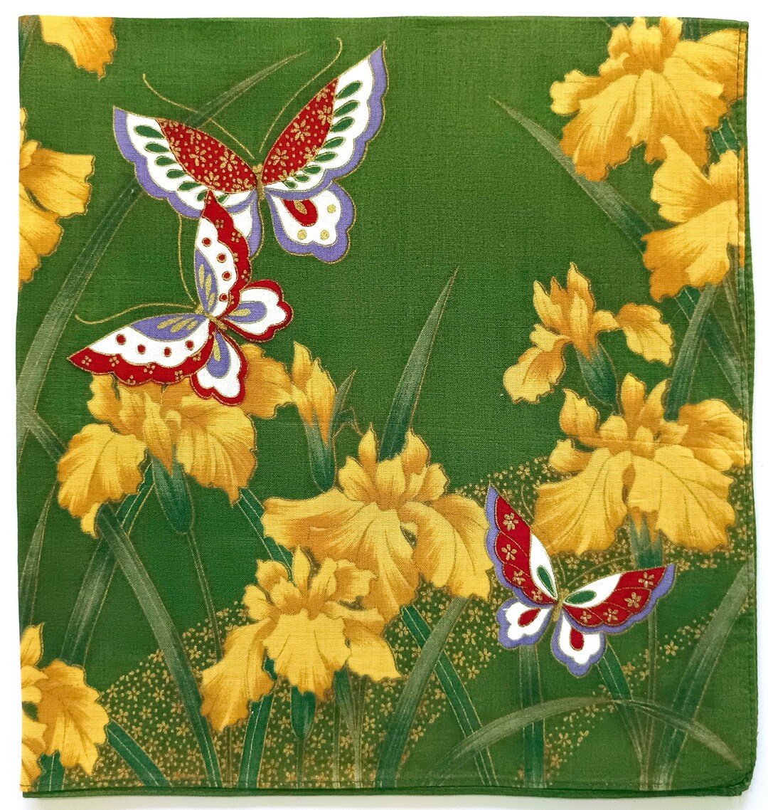 Japanese Vintage Handkerchief Butterfly Iris Flowers on Green 21 X 20 ...