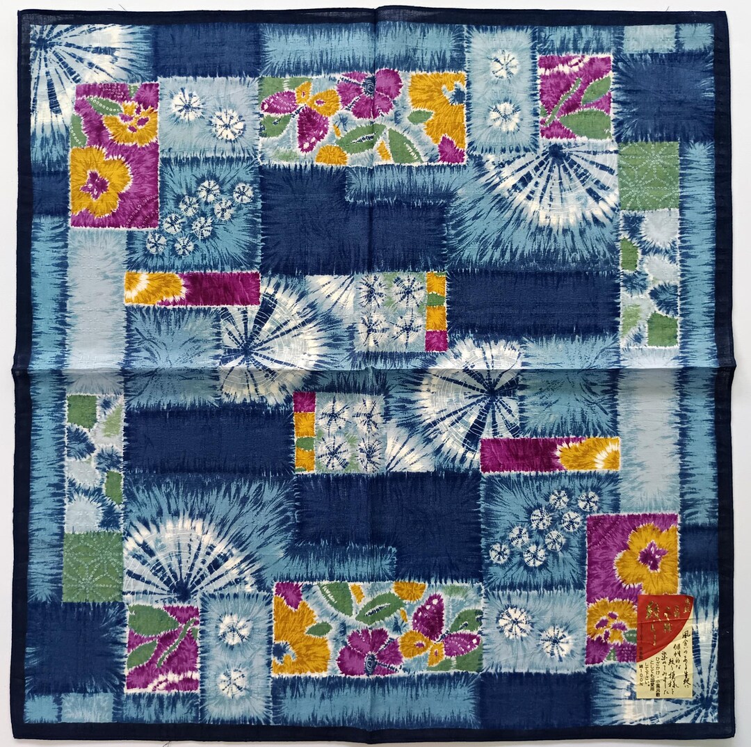Vintage Japanese Handkerchief: Shibori Indigo Floral Patchwork 21 X 21 ...