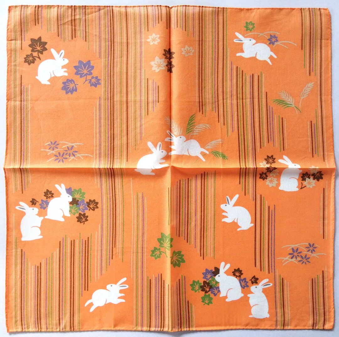 Japanese Vintage Handkerchief Furoshiki White Rabbit Maple Leaves ...