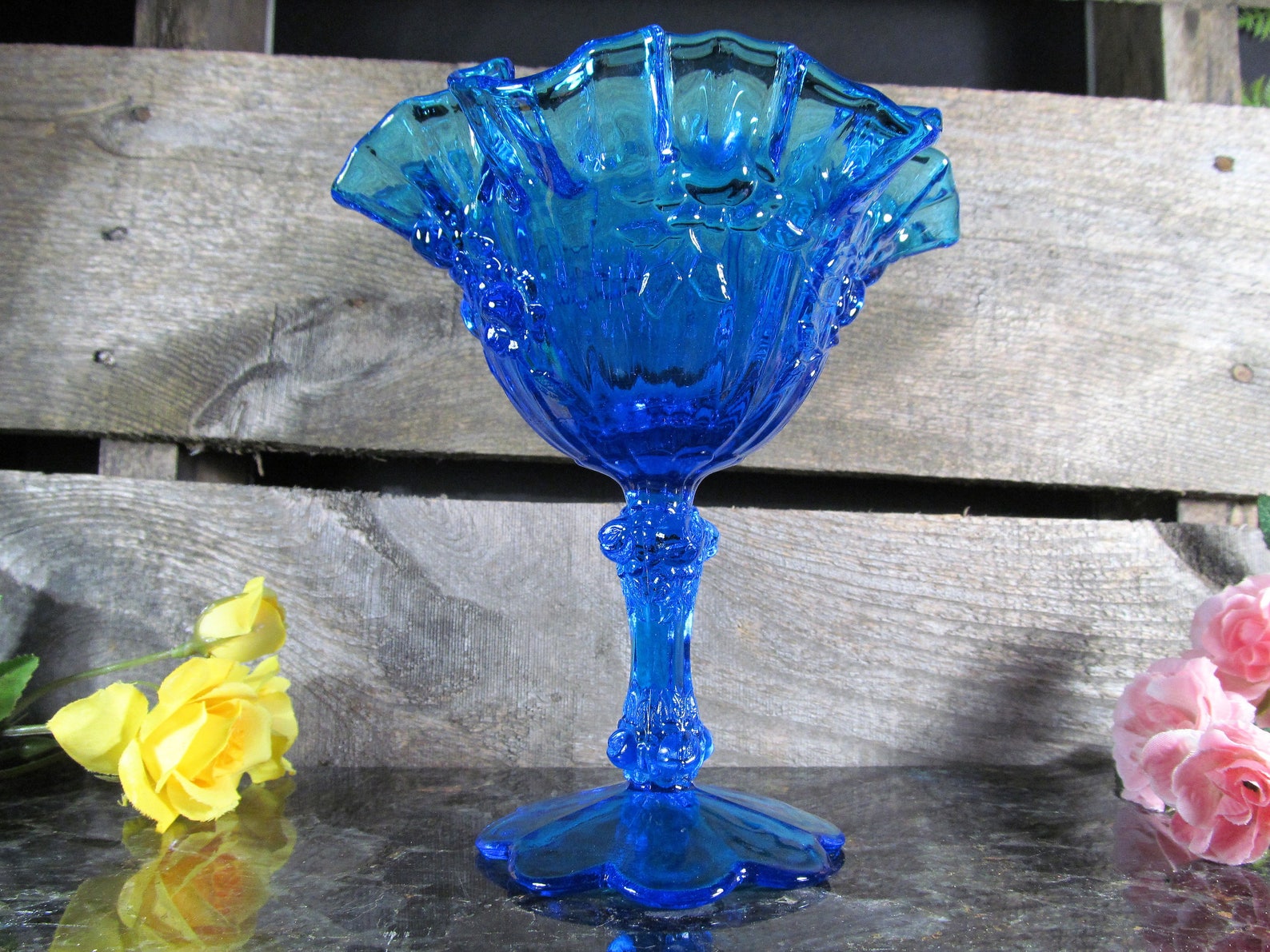 Fenton Glass Art Ruffled Edge Compote on Pedestal, Blue Rose or cabbage ...