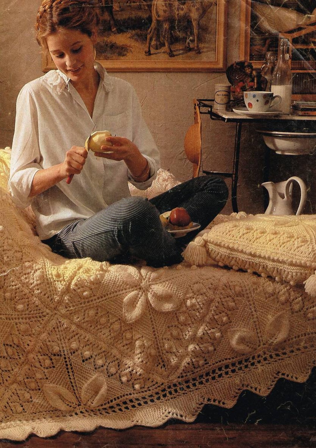 Vintage Knit Bedspread and Cushion Pillow Leaf Counterpane Instant ...