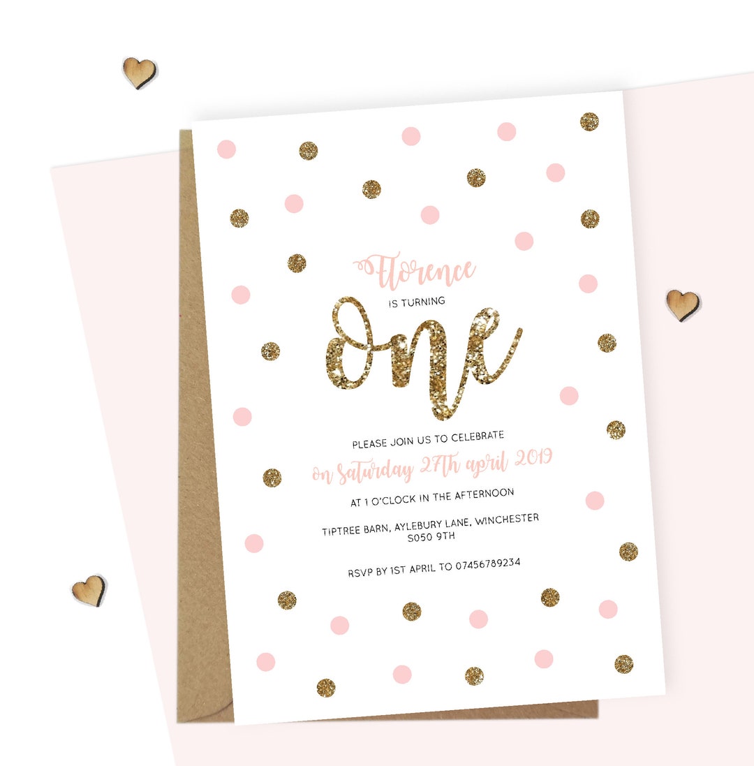 Digital Pink Gold Glitter Polka Dot First Birthday Invitations ...